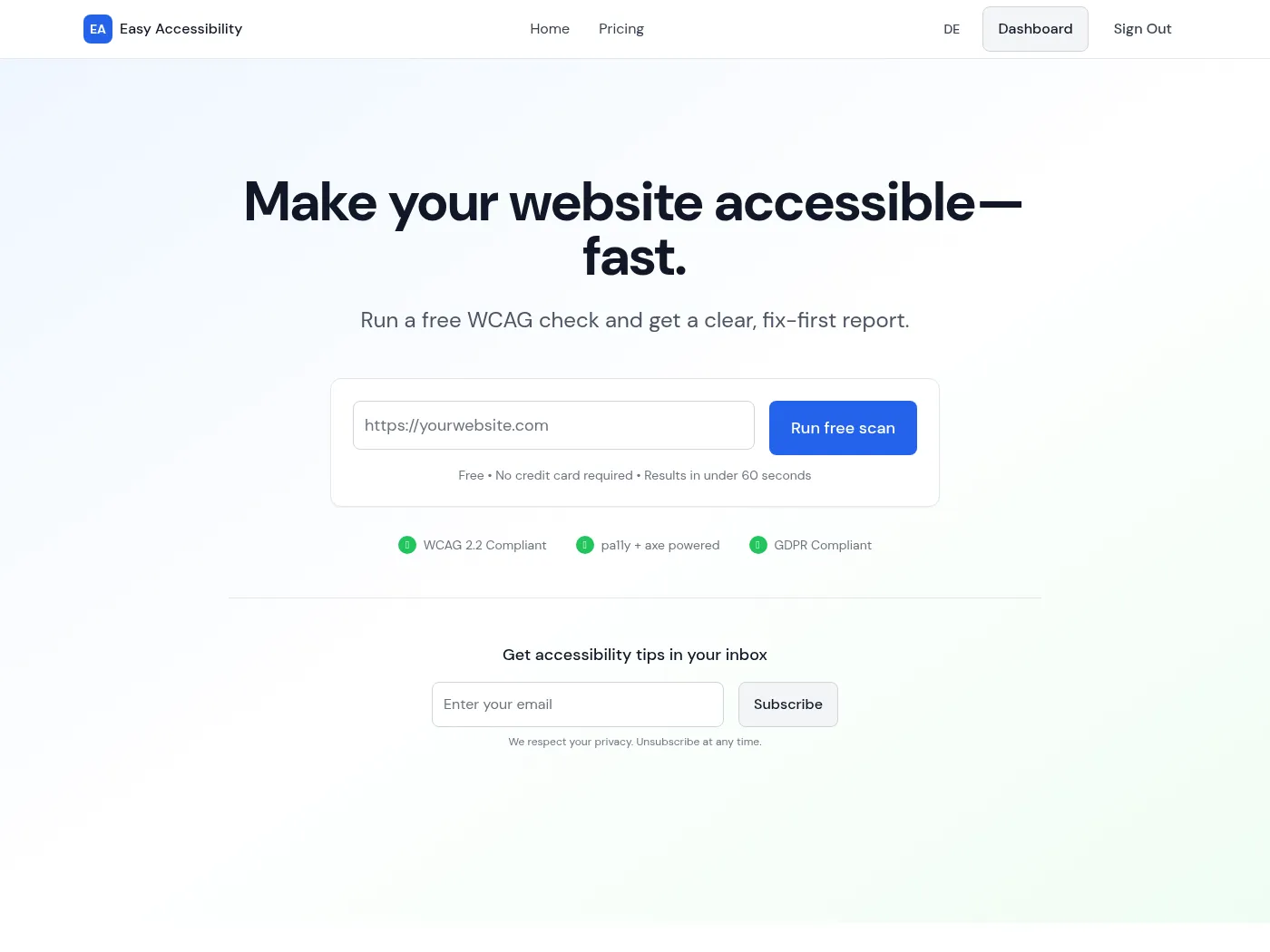 Easy Accessibility – Conversion-Optimized Accessibility Scanner Platform (EN/DE, MVP)