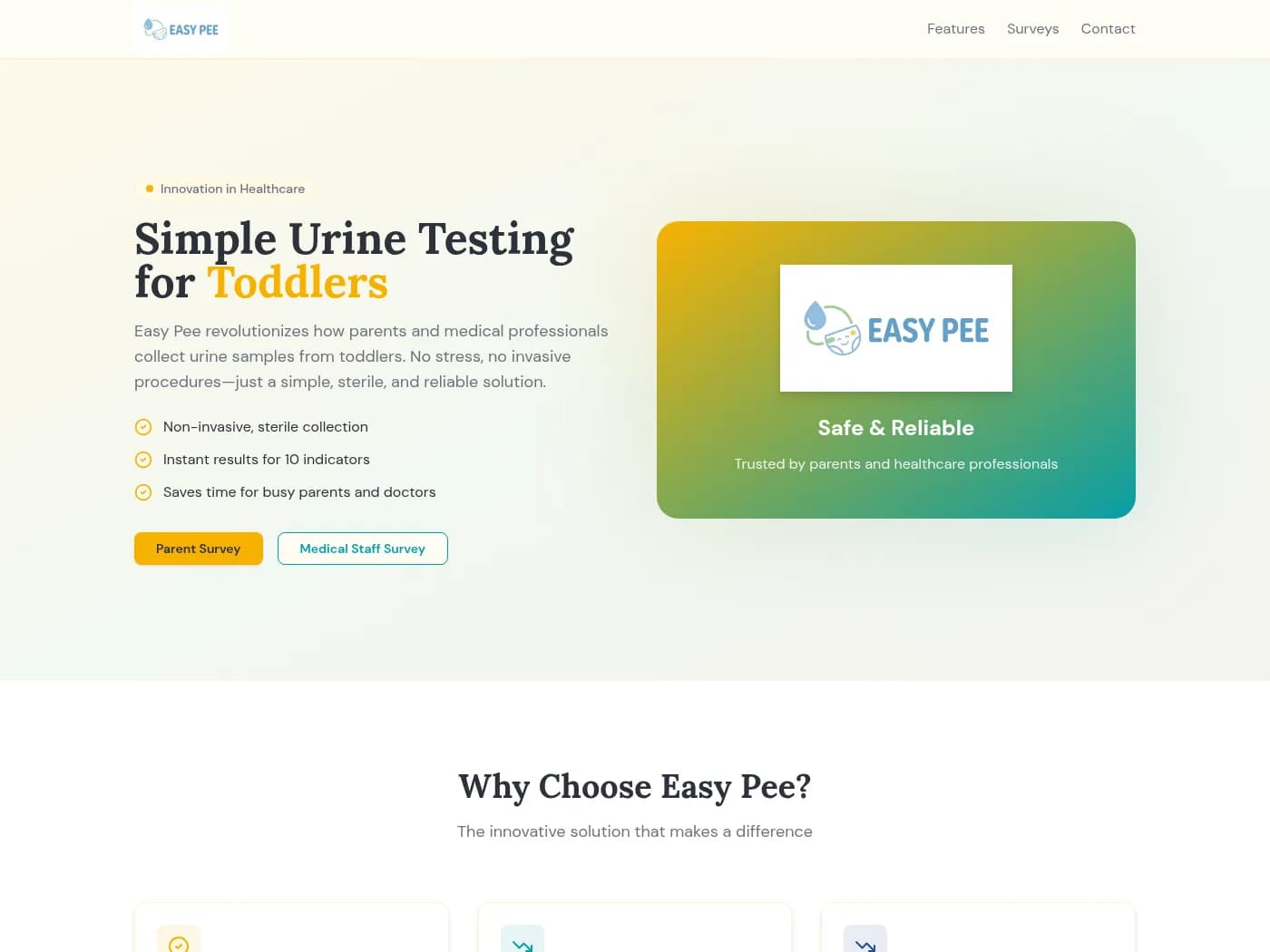 Easy Pee Landing Page - Engaging Urine Test Info for Parents of Toddlers