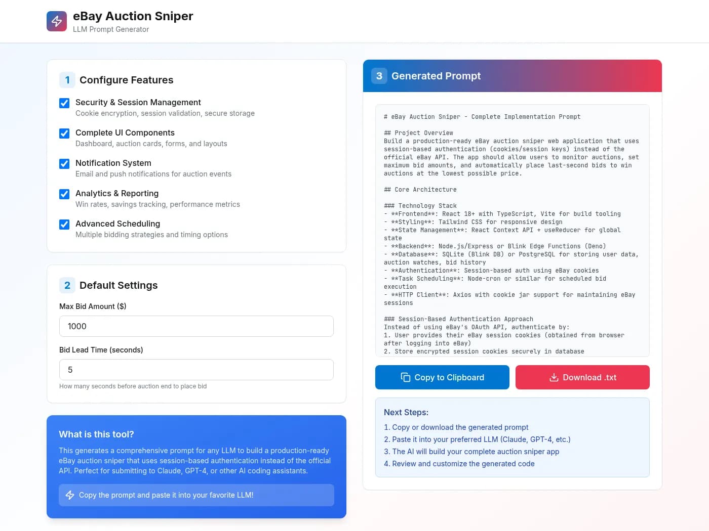 LLM Prompt Generator for eBay Auction Sniper Using Session Keys
