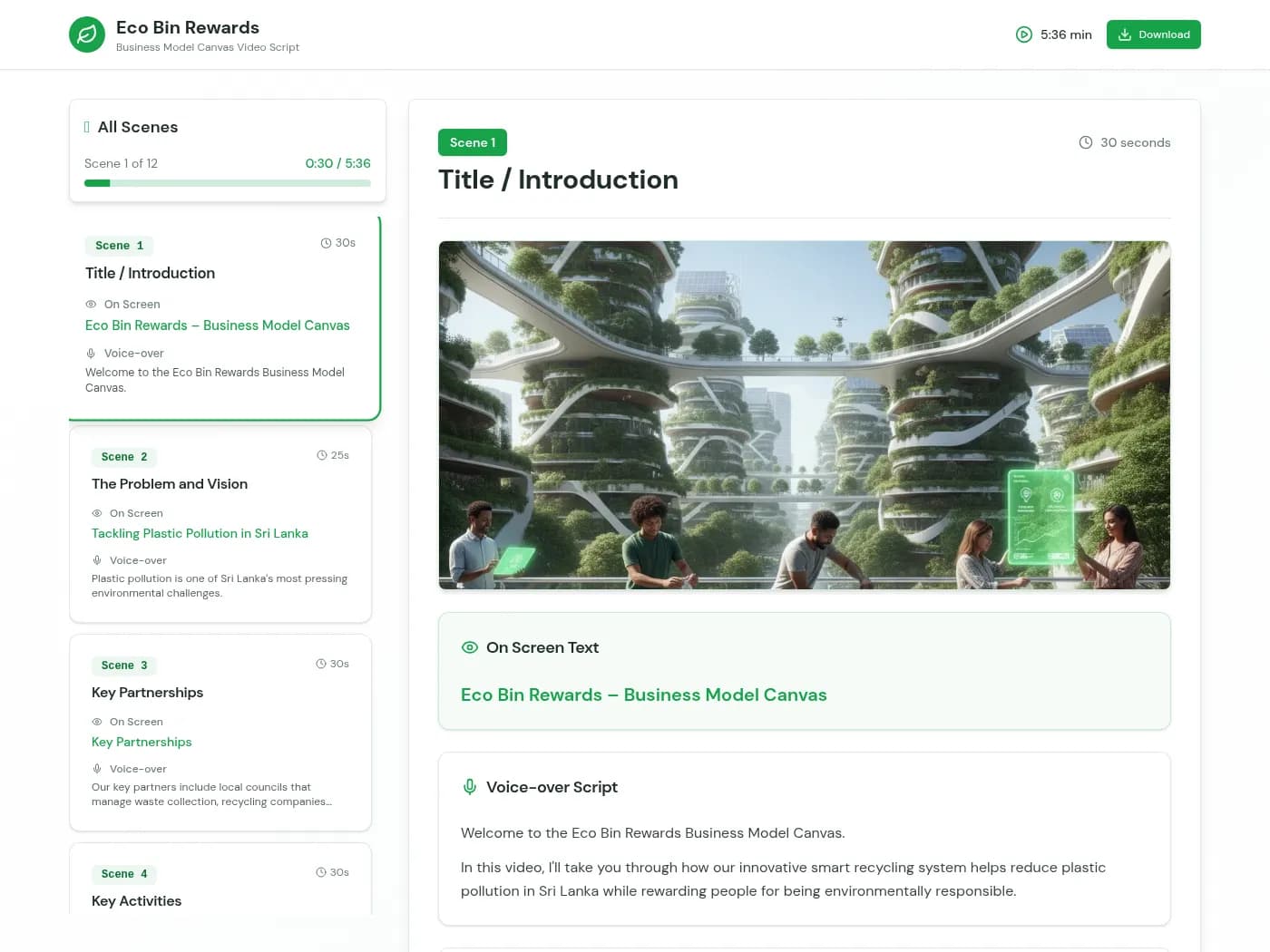 Eco Bin Rewards Video Script Prompt – Business Model Canvas