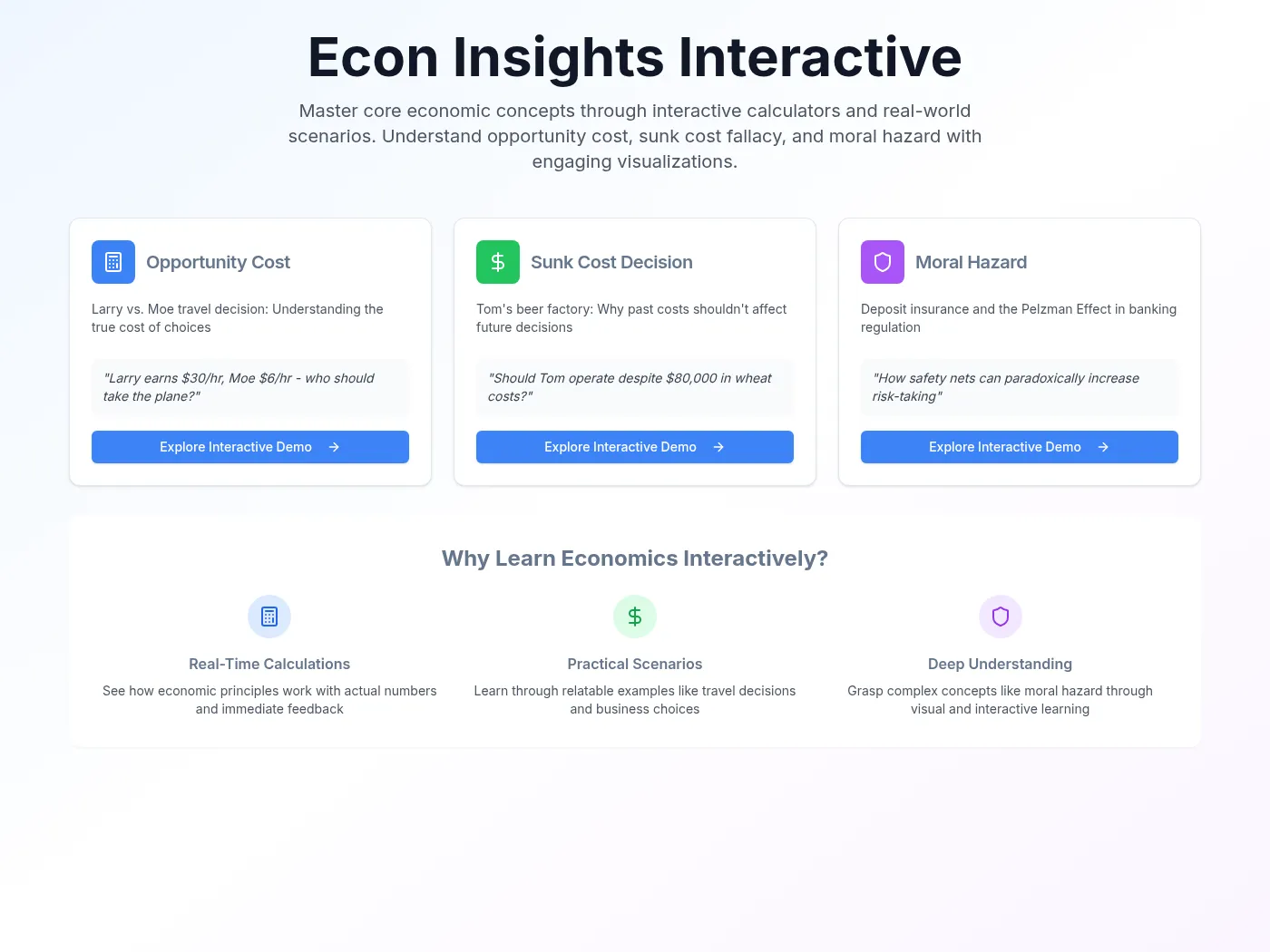 Econ Insights Interactive: Opportunity Cost, Sunk Costs & Moral Hazard Visualizer