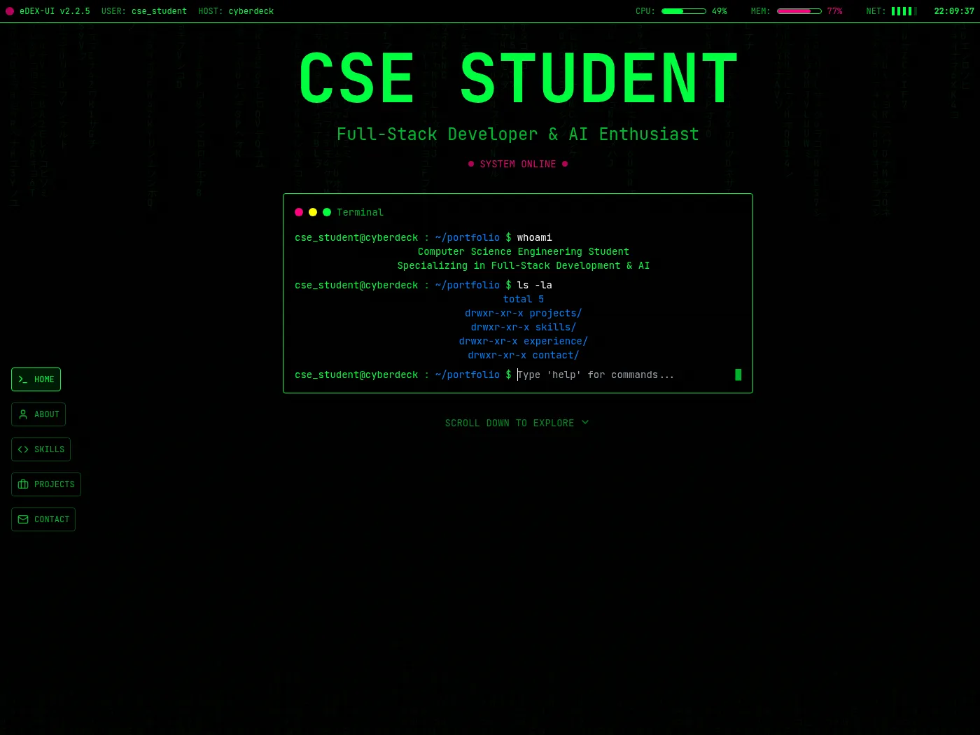 eDEX-UI Cyberpunk Portfolio for CSE Student