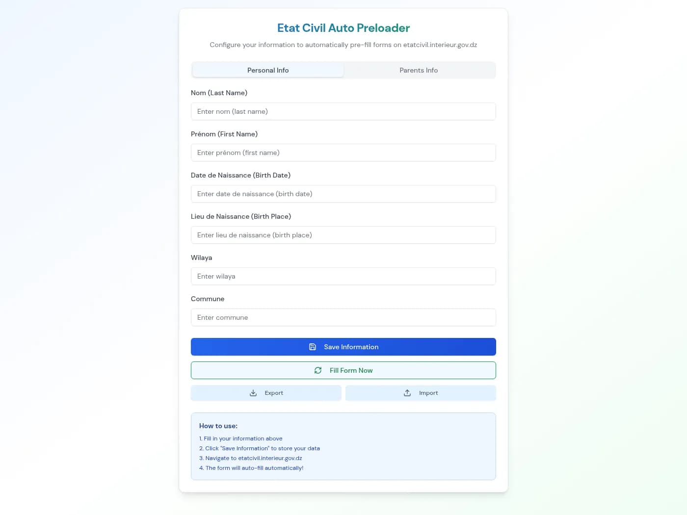 Automatic Form Preloader for Etat Civil Edge Extension