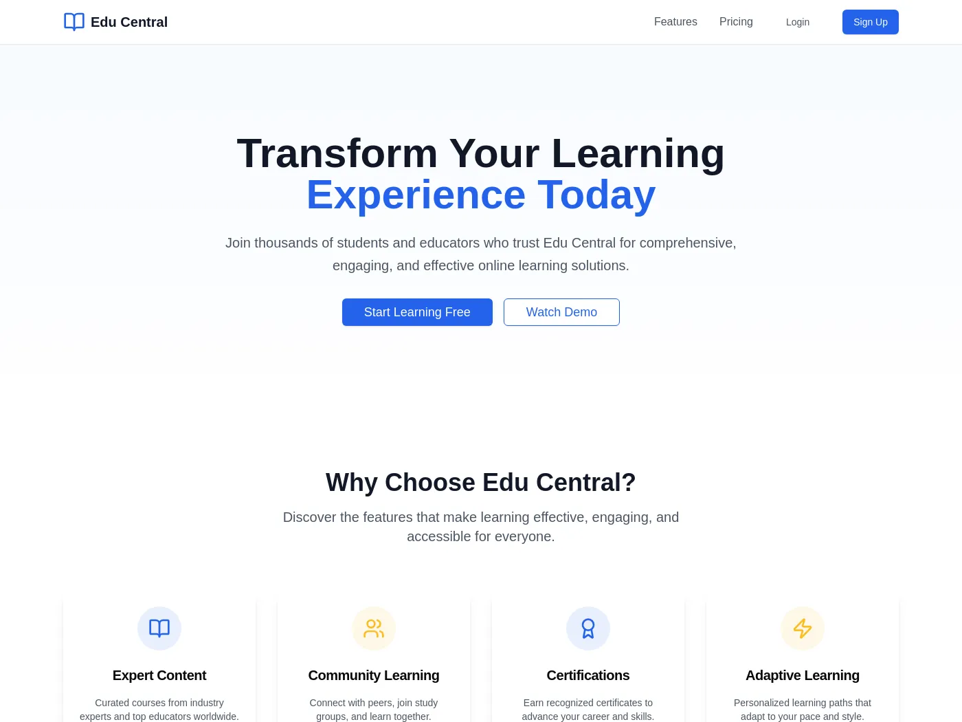 Edu Central Landing Page