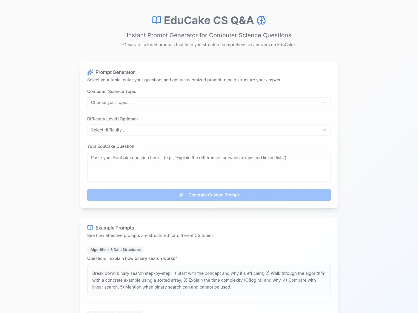 EduCake Computer Science Q&A Prompt Generator