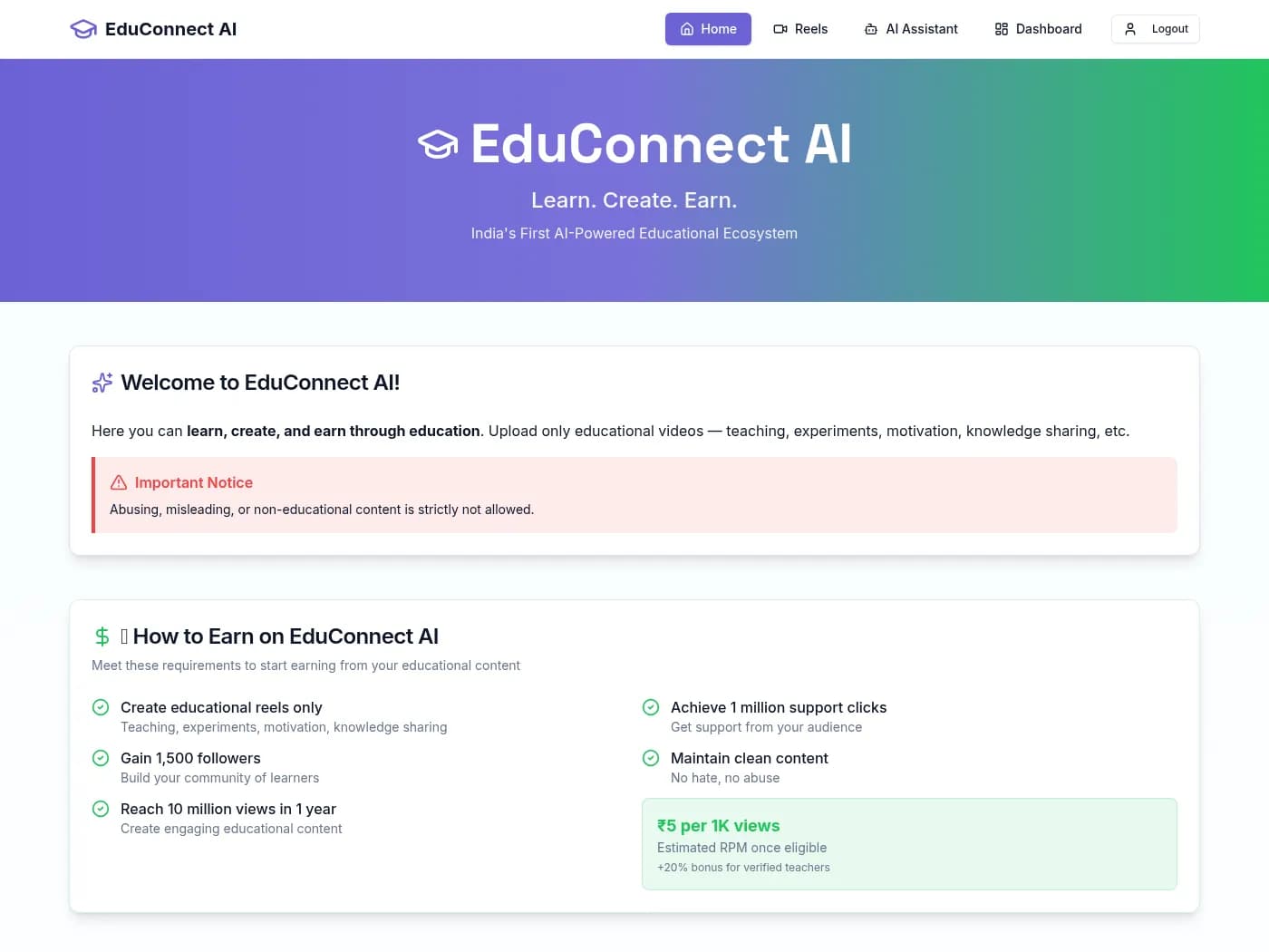 EduConnect AI - India’s First AI-Powered Educational Ecosystem for Learning, School Management, and Creator Earnings