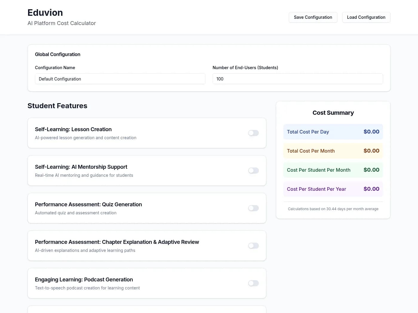 Eduvion AI Platform Cost Calculator