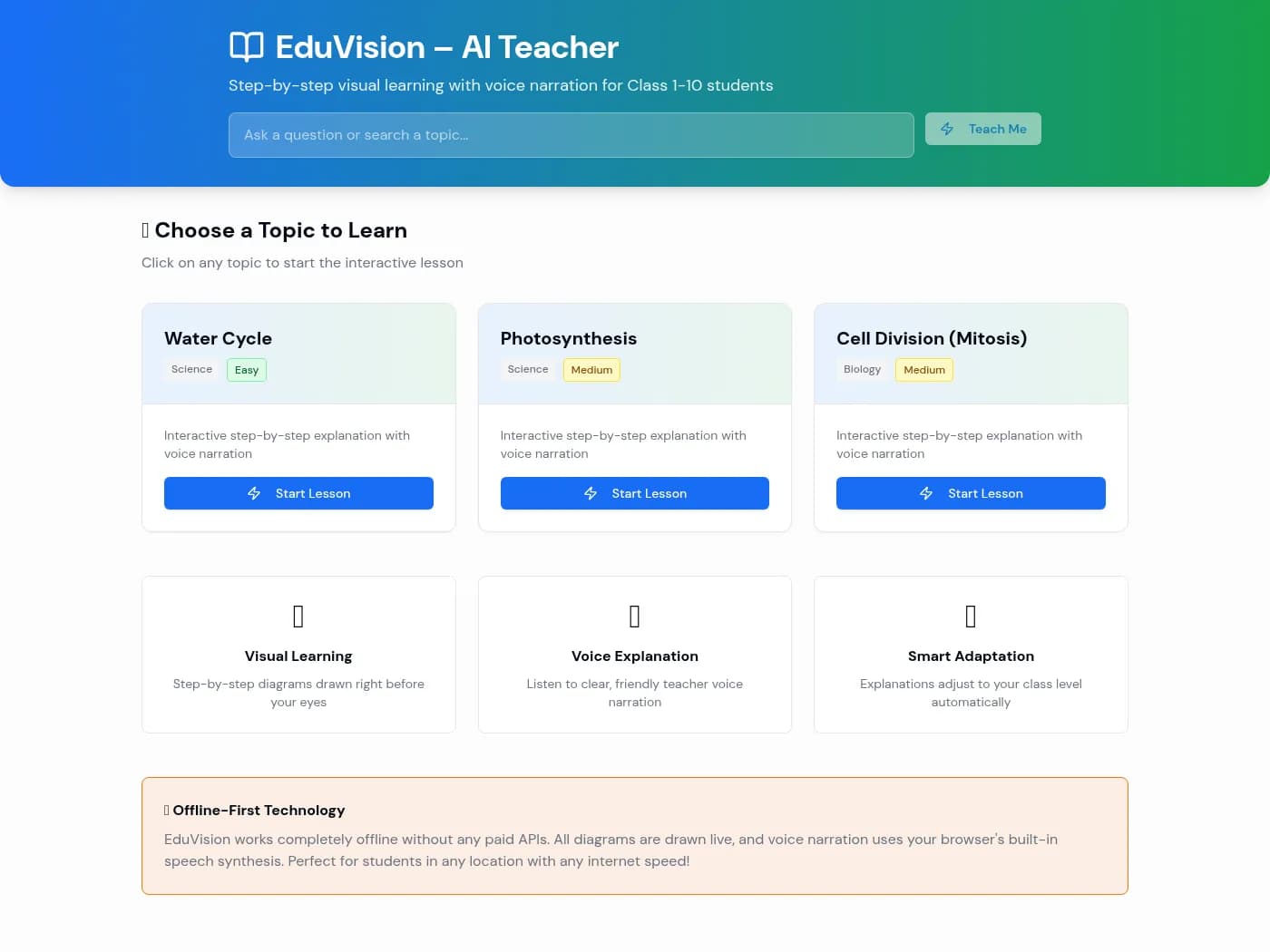 EduVision – Offline-First AI Teacher with Step-by-Step Visual & Voice Classroom Explanations