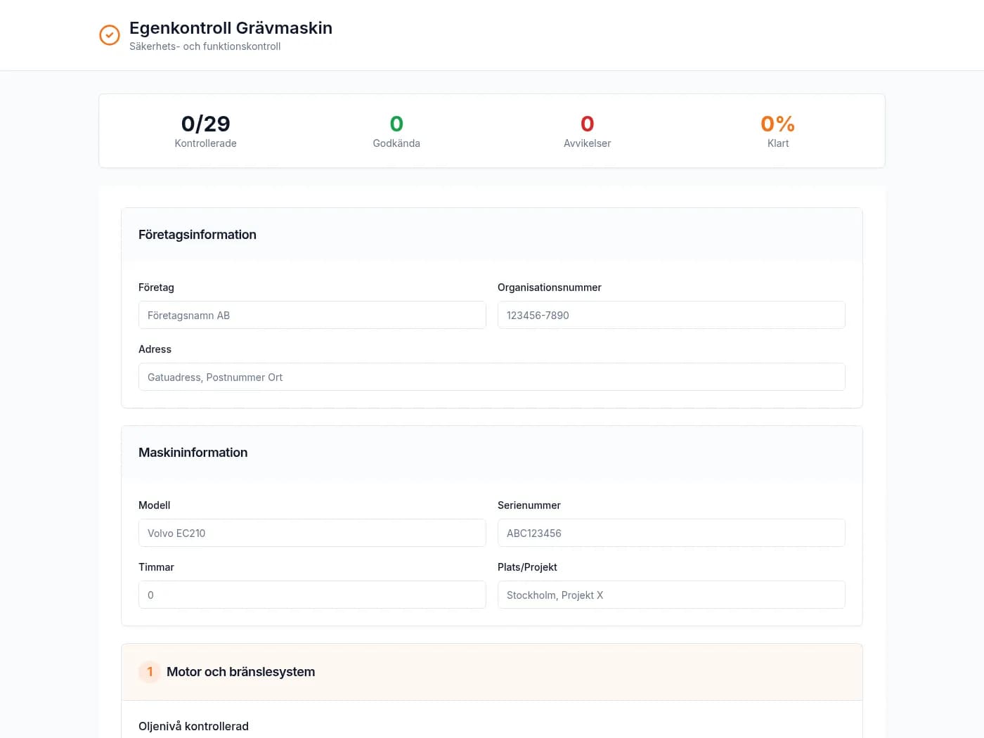 Egenkontroll Grävmaskin PDF Generator