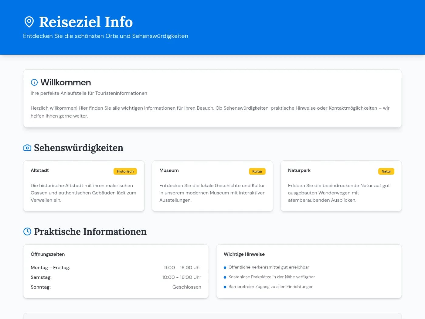 Einfache Touristen-Informationsseite