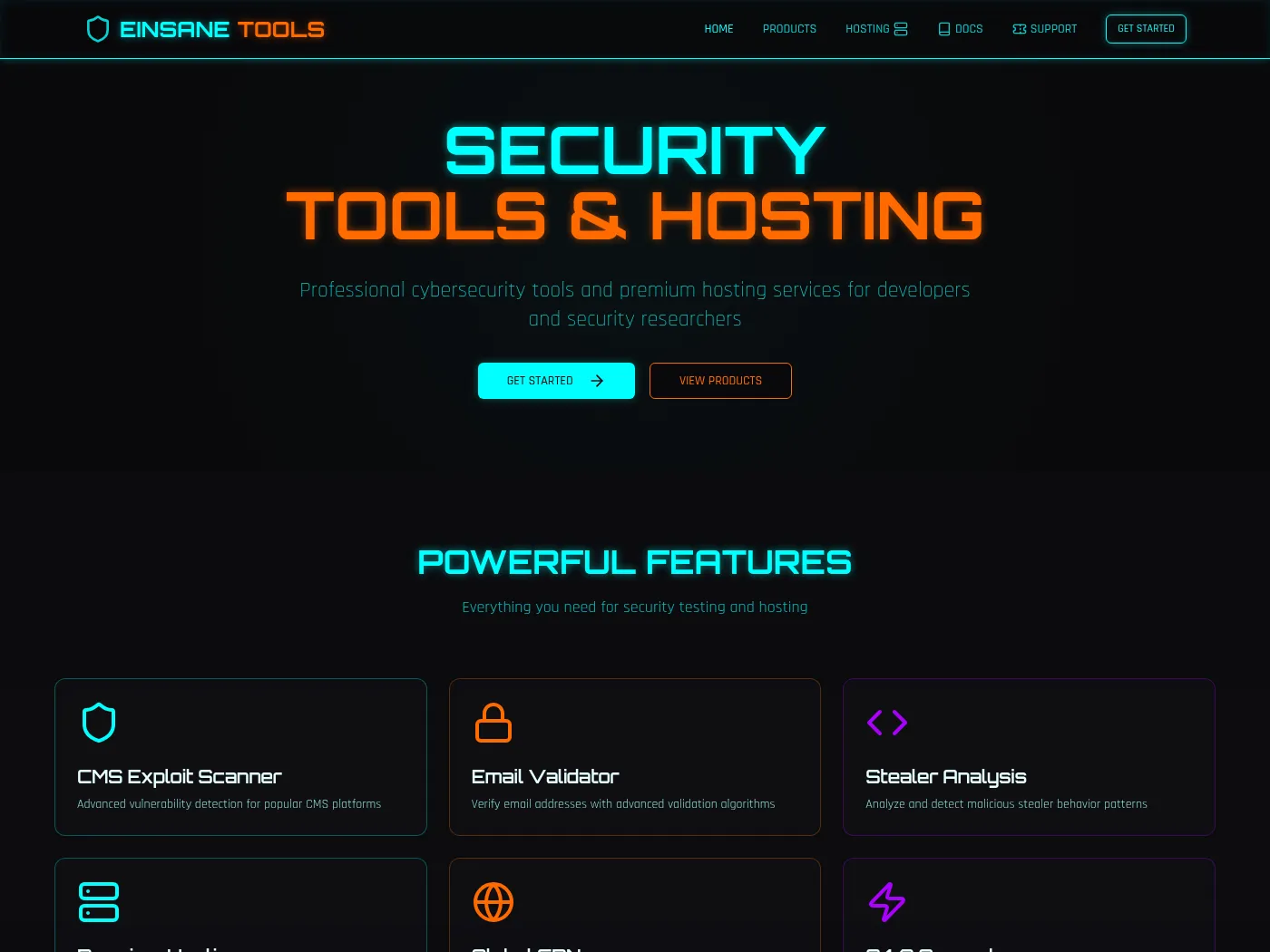 Einsane Tools – Cyberpunk Security & Hosting Website Template