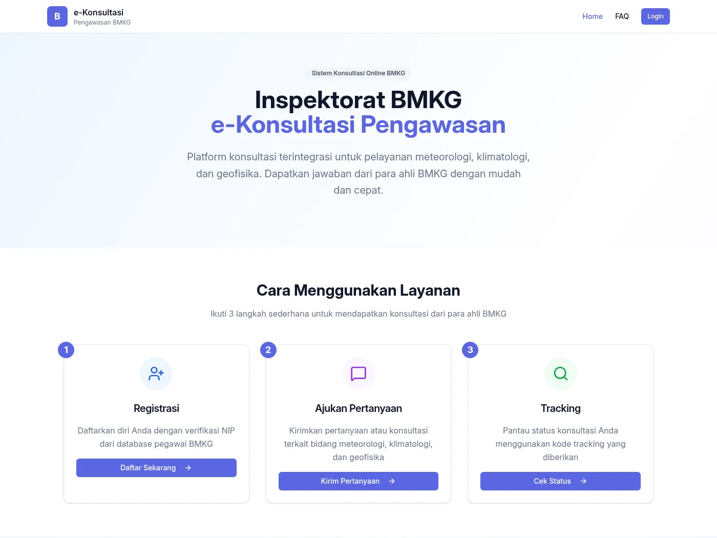 eKonsultasi Pengawasan – Web e-Consult Platform BMKG Berfitur Lengkap Landing, Admin, CRUD, Tracking, Notifikasi, & Audit Trail