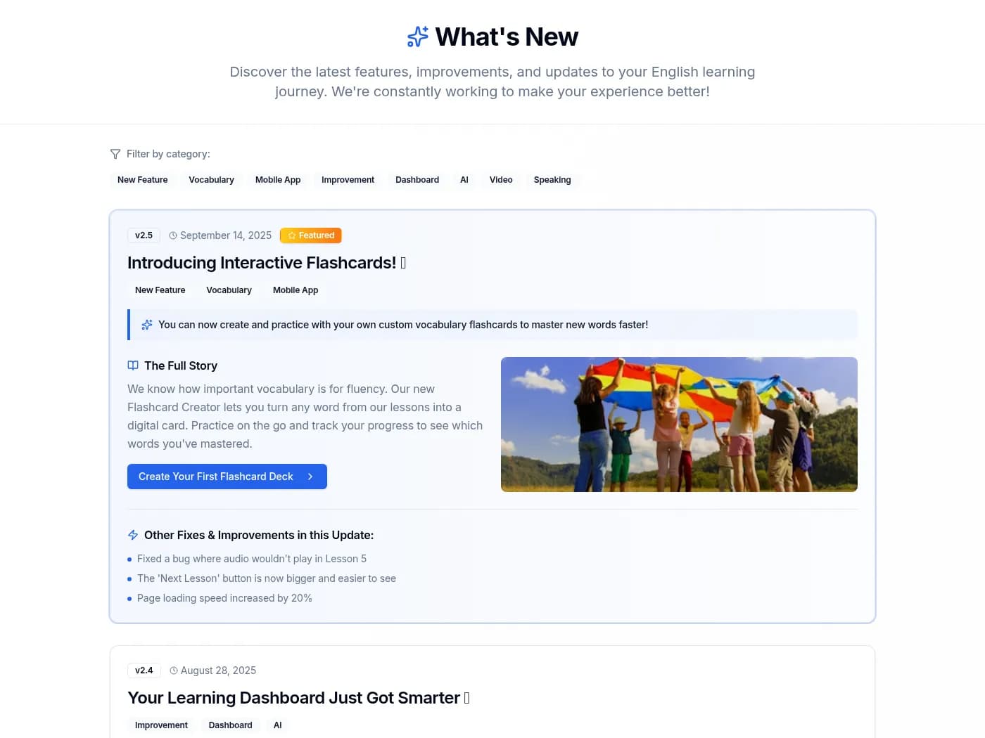 EL Platform Updates – Modern Patch Notes Section for English Learners