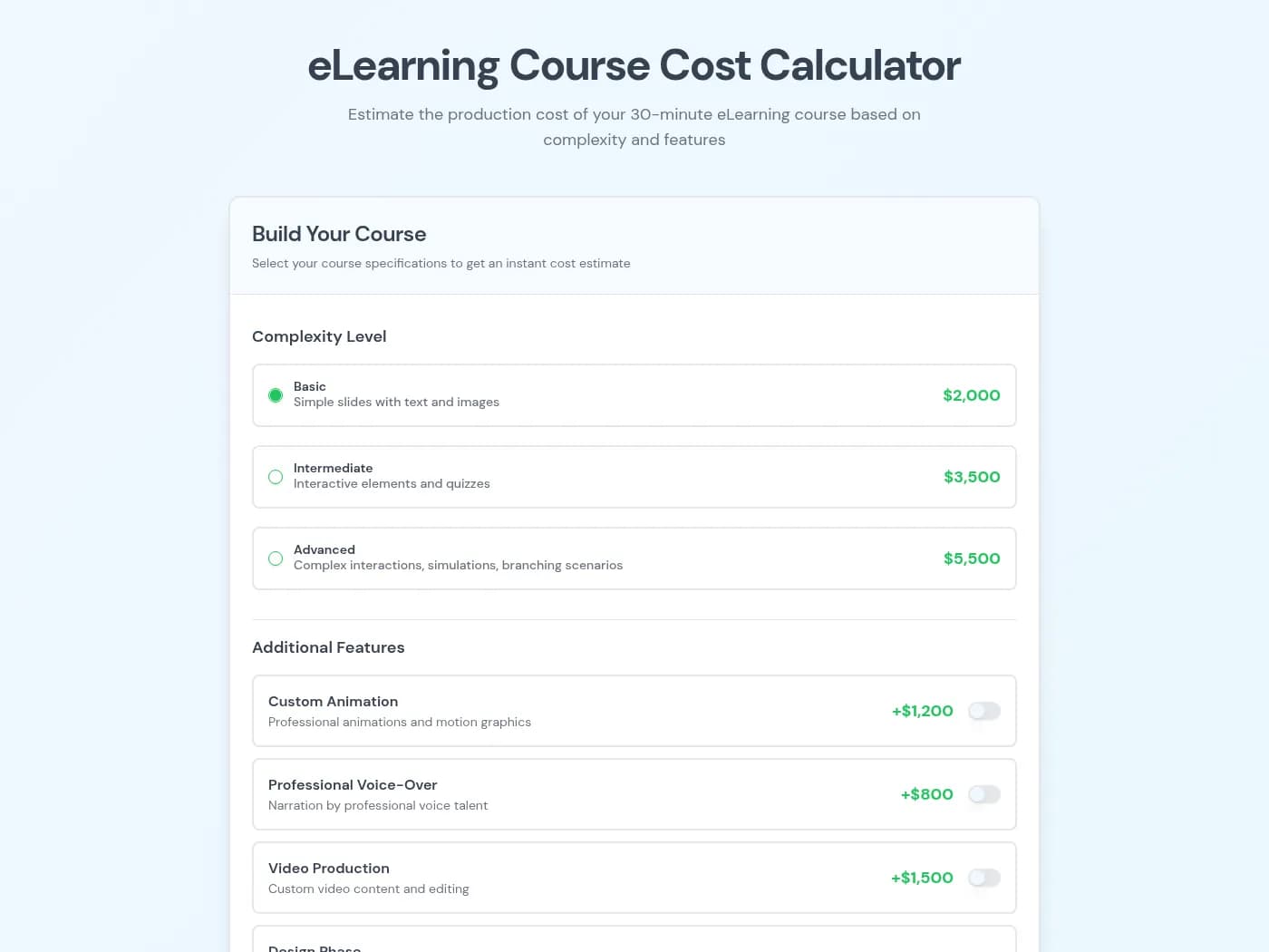 eLearning Course Cost Calculator