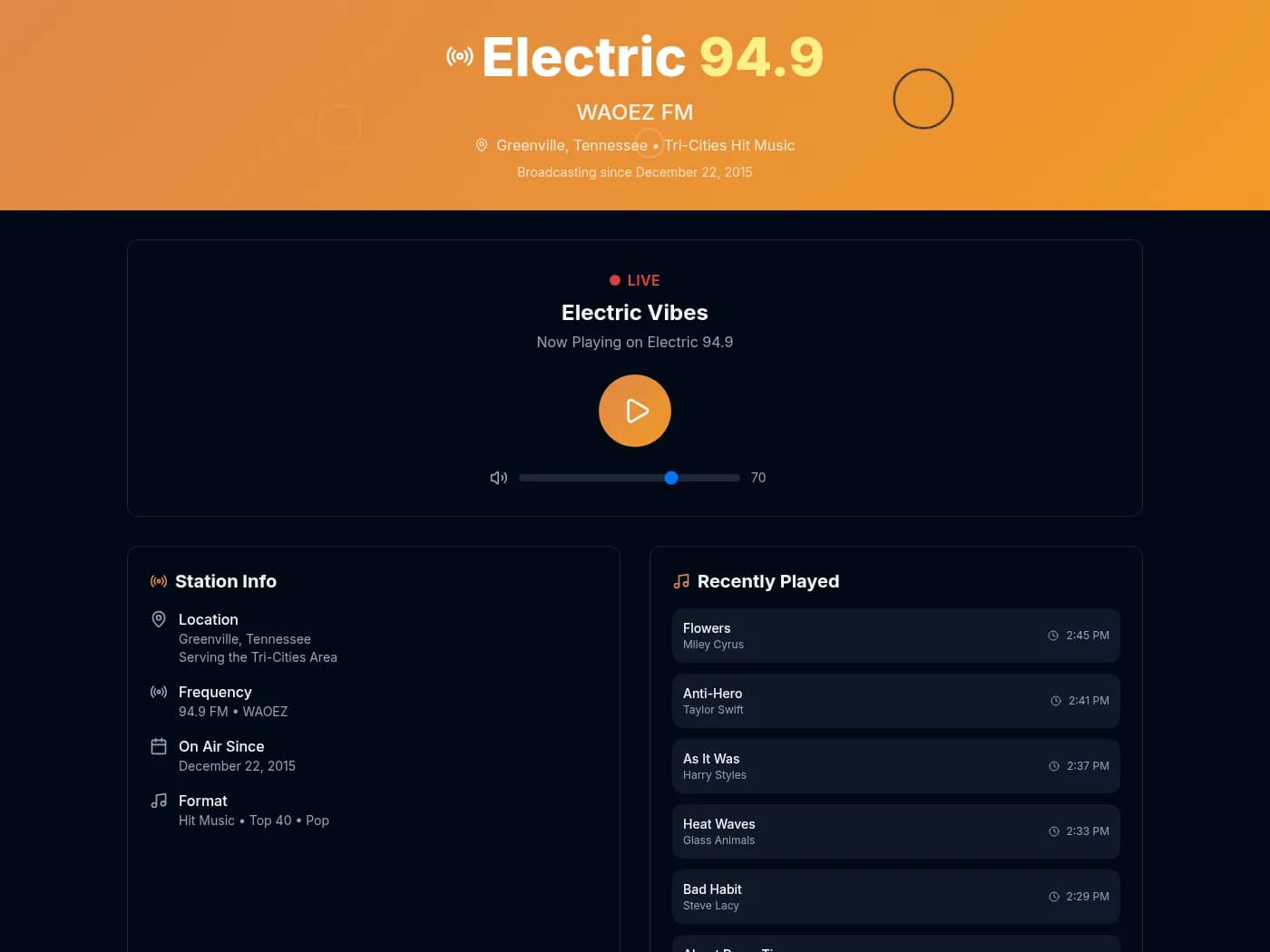 Electric 94.9 WAOEZ FM Hits Web App