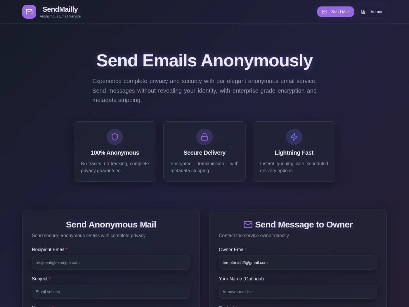 Elegant Dark-Themed Anonymous Email Sender with Pro UI & Secure Admin Dashboard