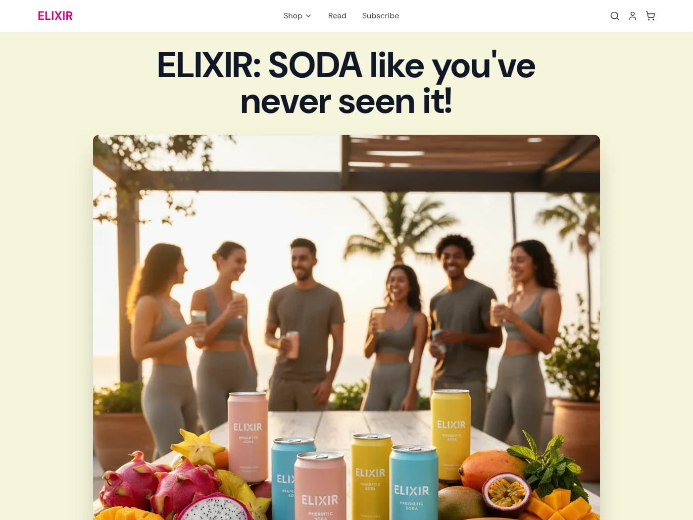 ELIXIR Prebiotic Soda Website with Floating Feature Bars and Responsive Hero