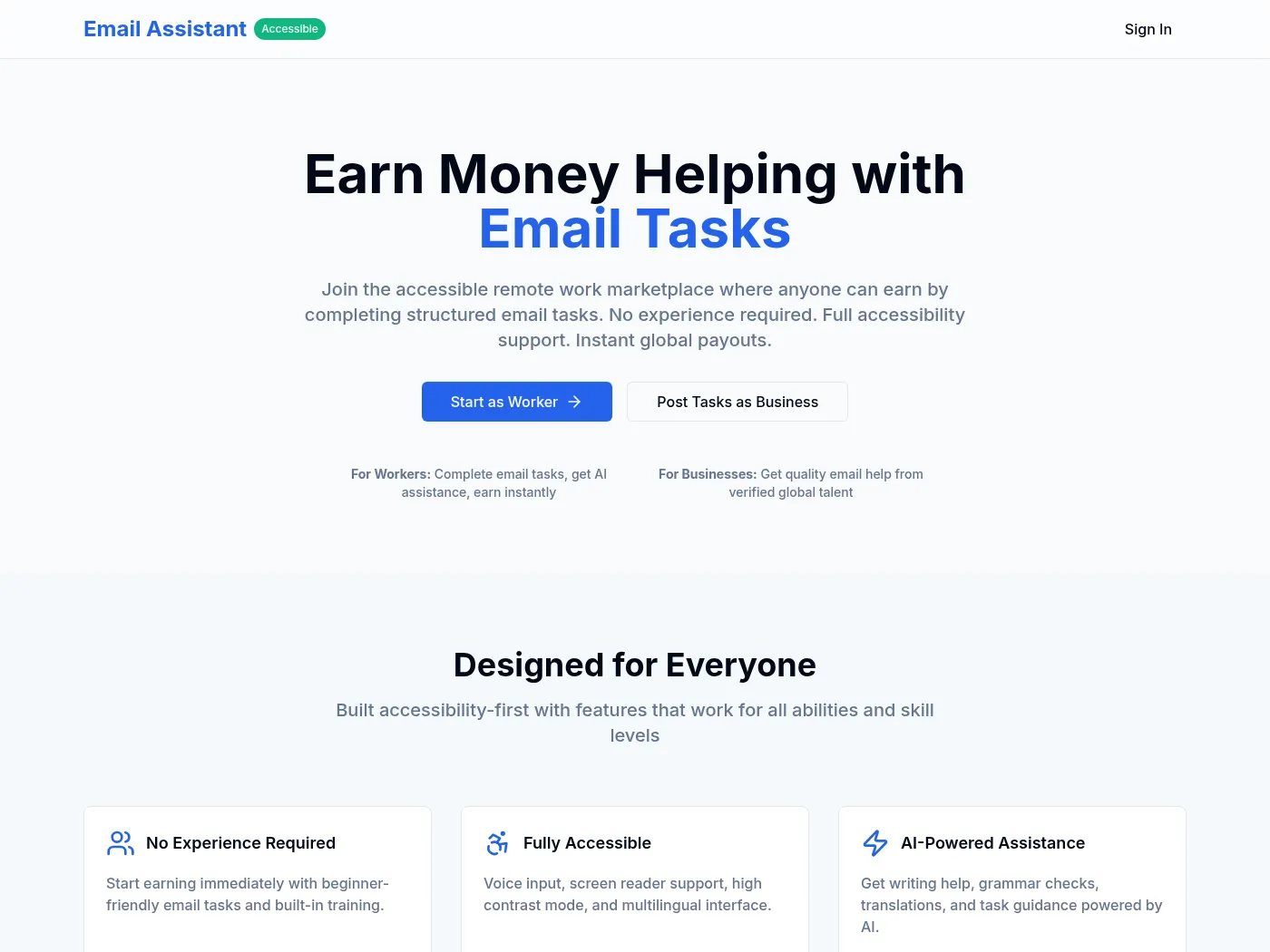 Email Assistant: Accessible Remote Email Task Marketplace with Fast Global Payouts