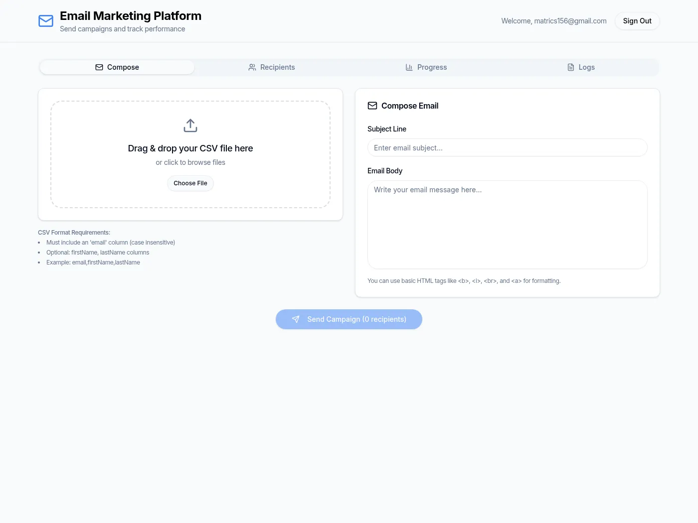 Simple Email Marketing Platform with CSV Import and Log Tracking