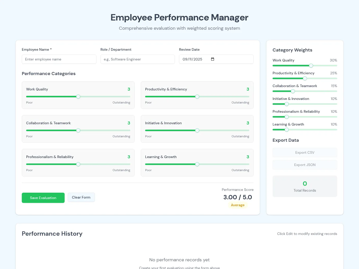Employee Performance Manager: Weighted Evaluation & History Tracker