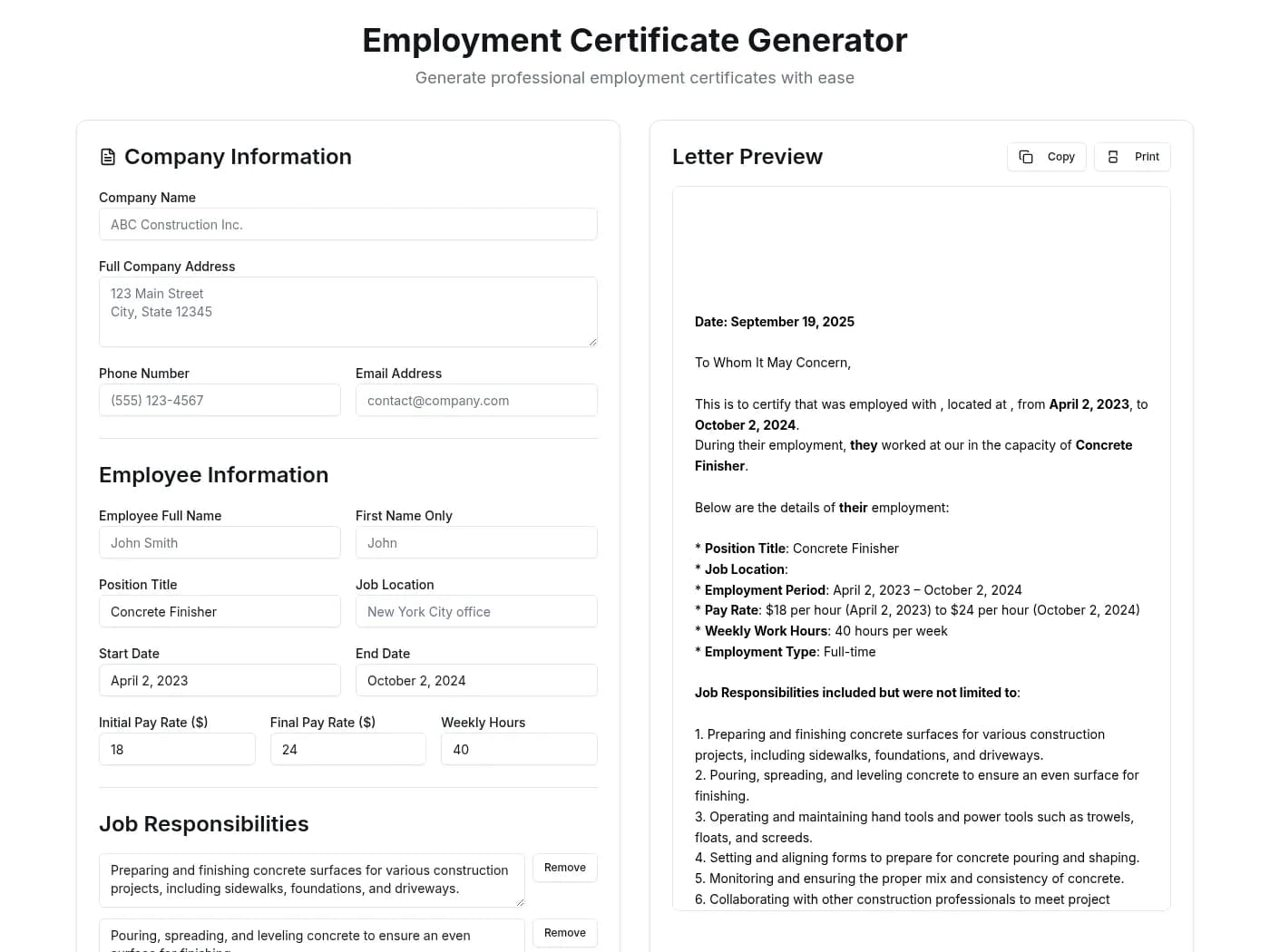 Employment Certificate Letter Generator
