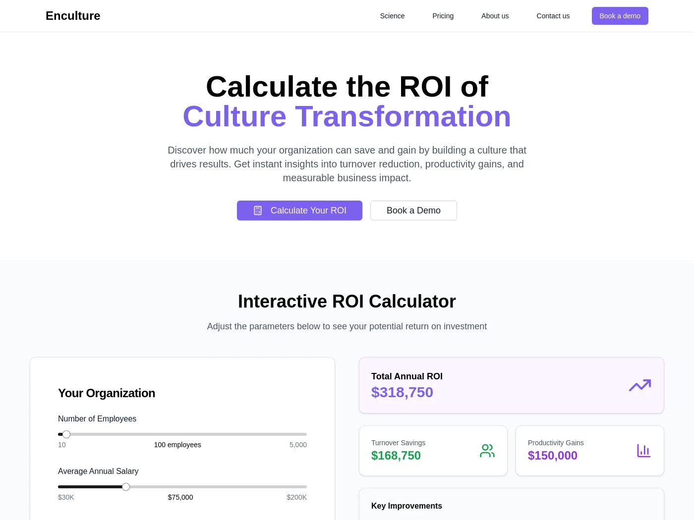 Enculture.ai ROI Calculator Landing Page