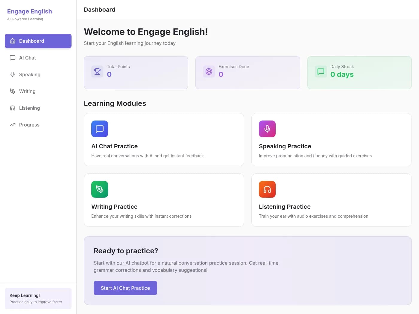 Engage English: Interactive AI-powered Language Learning Platform