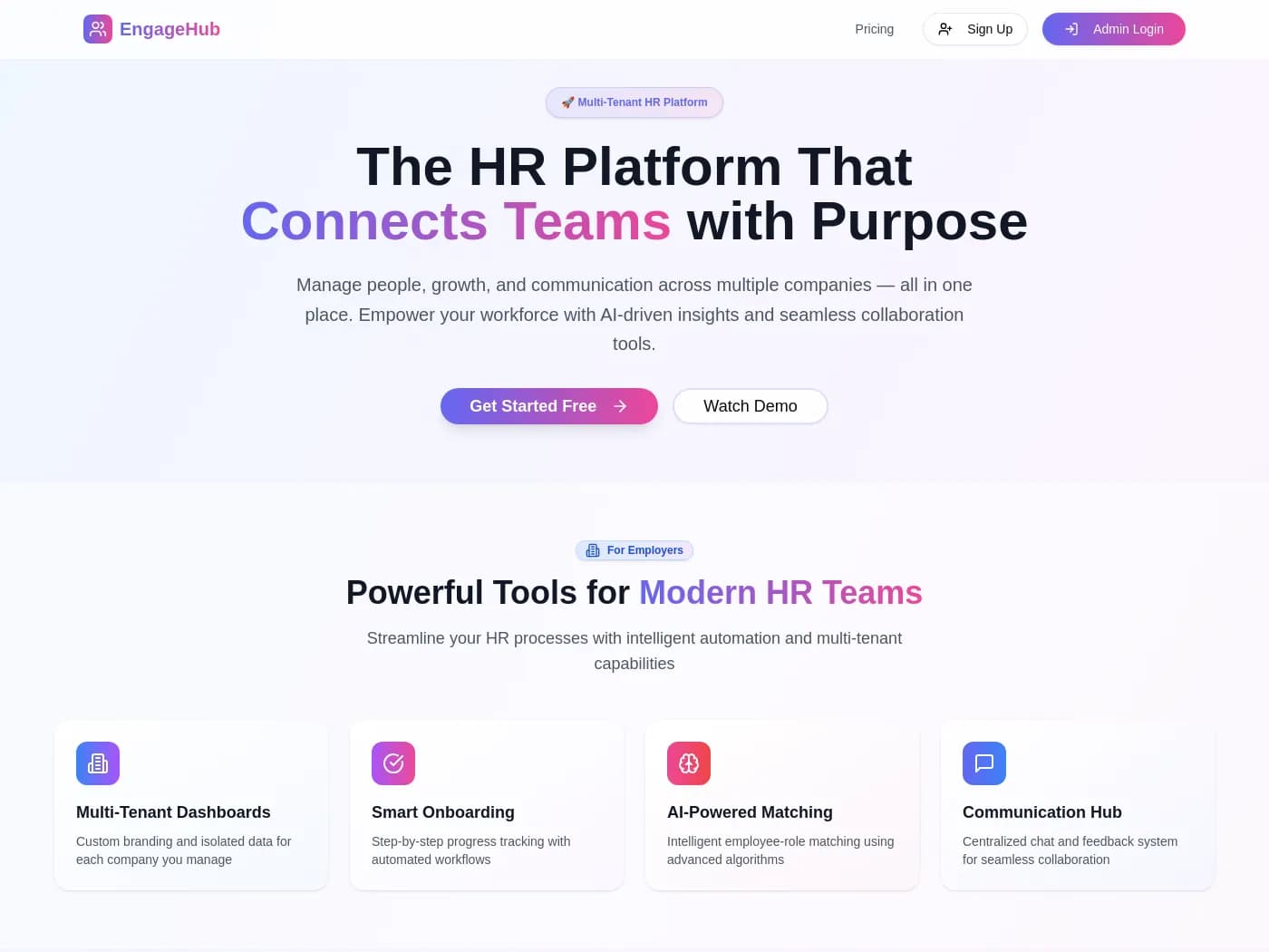 EngageHub One-Page Website for Multi-Tenant HR SaaS Platform
