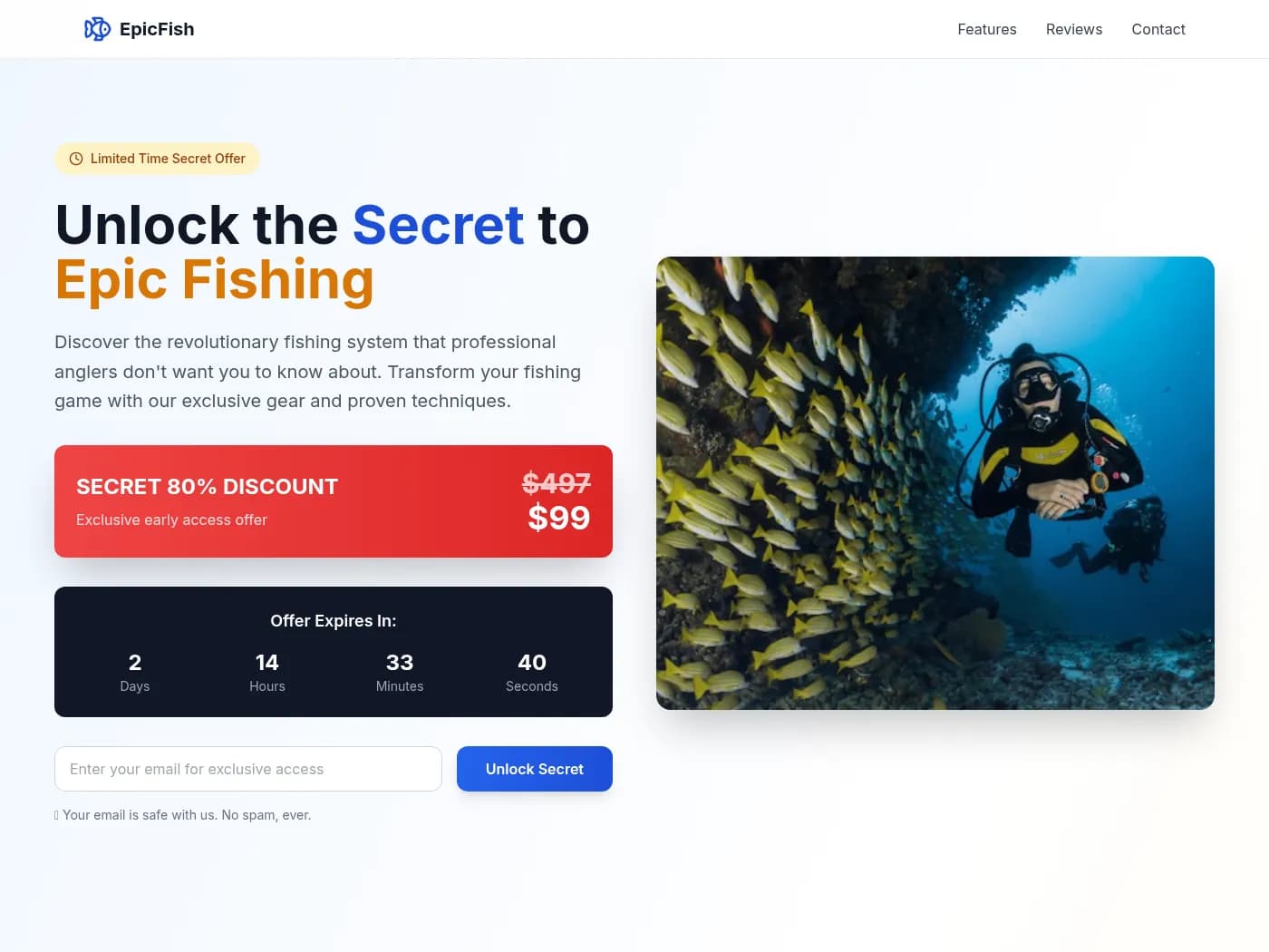Epic Fishing Landing Page with Secret 80% Discount