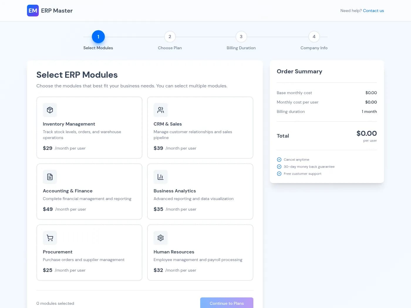 ERP Master Checkout UI – Modern ERP Module & Subscription Checkout Flow