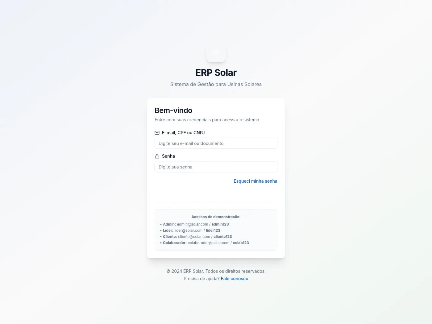 ERP Web Modular para Gestão de Usinas Solares - Multiportais Integrados com RH, Financeiro, OS, CRM e SST