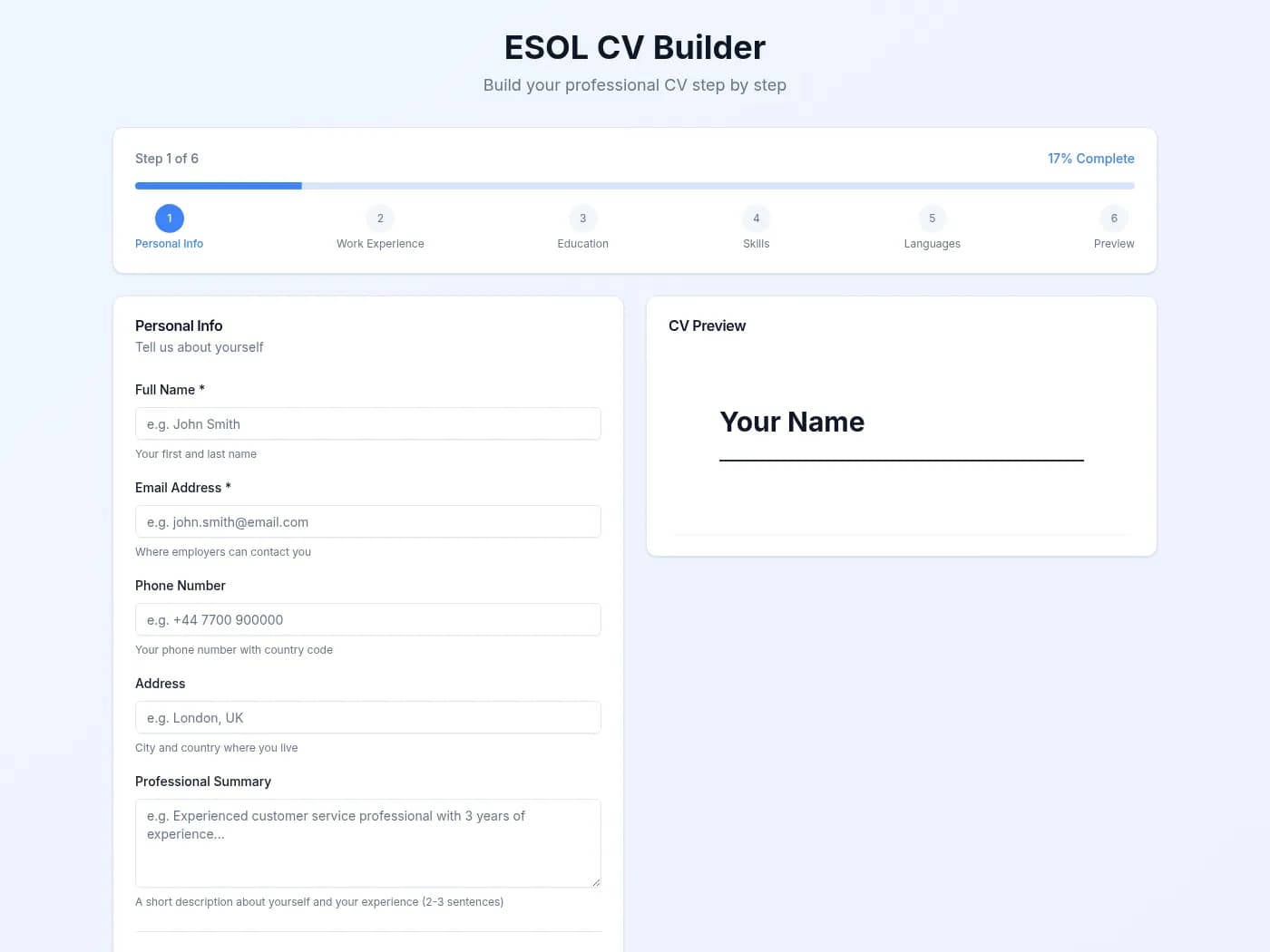 ESOL CV & Career Builder Tool