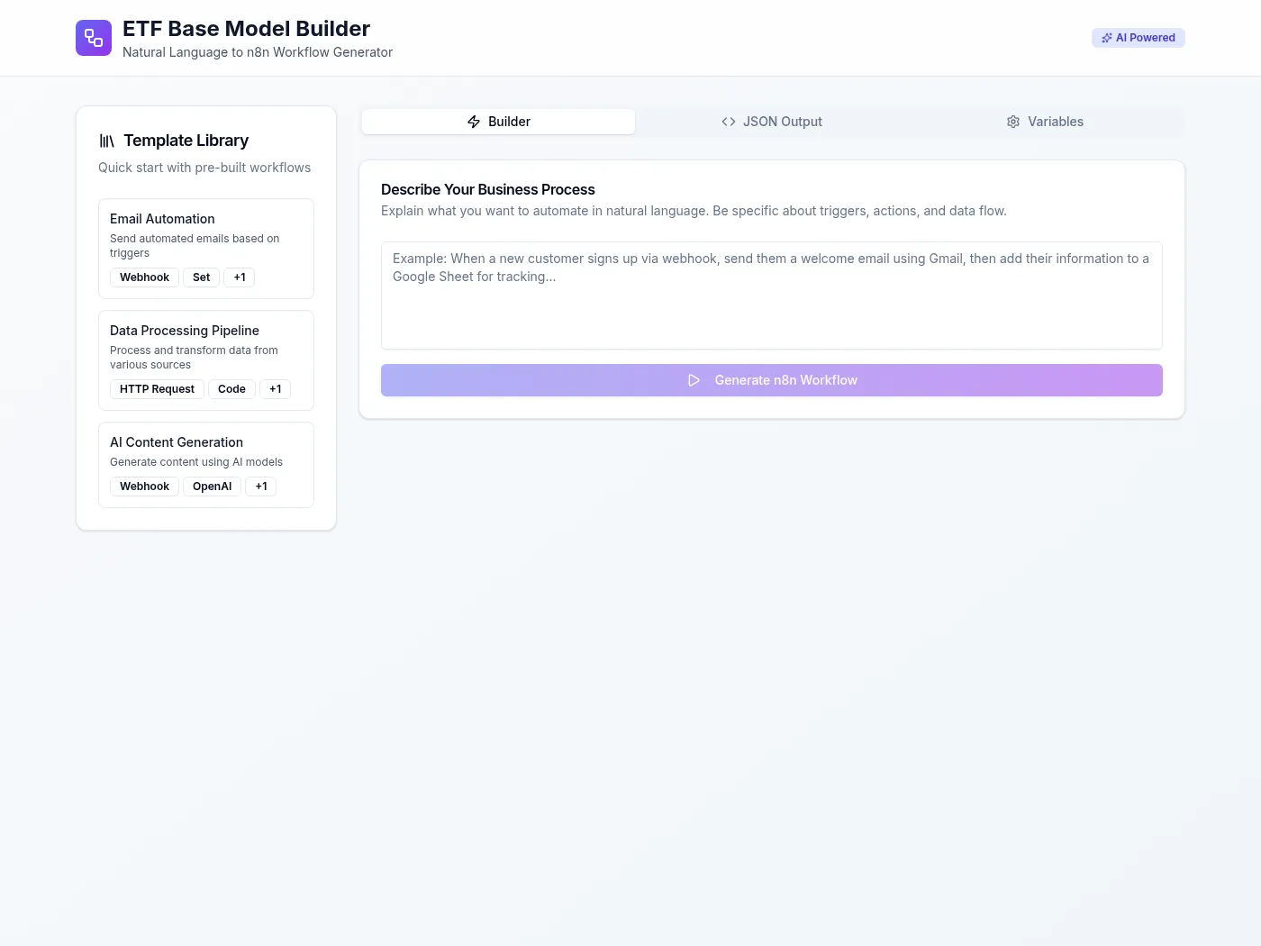 ETF Base Model Builder: Natural Language to Templated n8n Workflow Generator