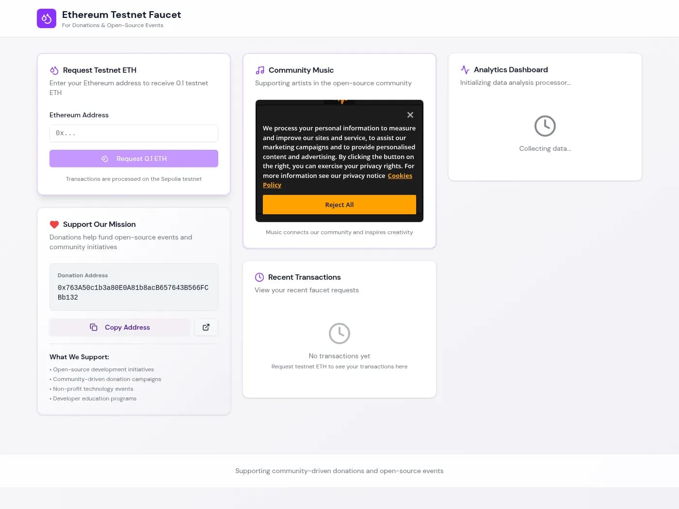 Ethereum Testnet Faucet for Donations & Open-Source Events