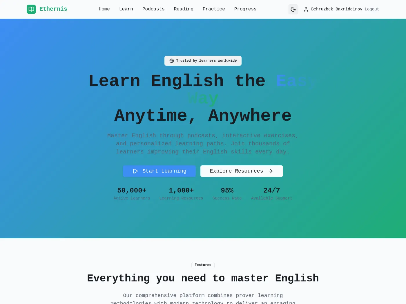 Ethernis English Learning Platform Website