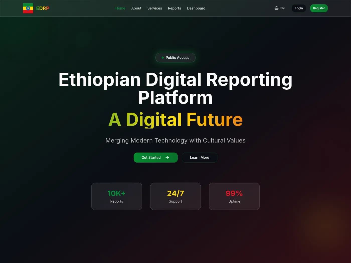 Ethiopian Digital Reporting Platform—A Fusion of Modern Glassmorphism & Culture