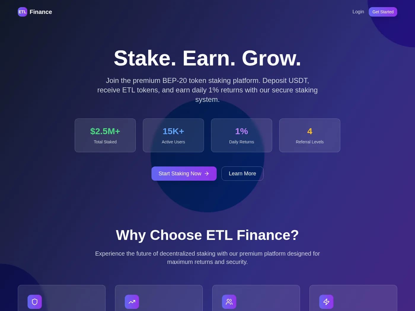 ETL Finance - BEP-20 Token Staking & Admin Platform
