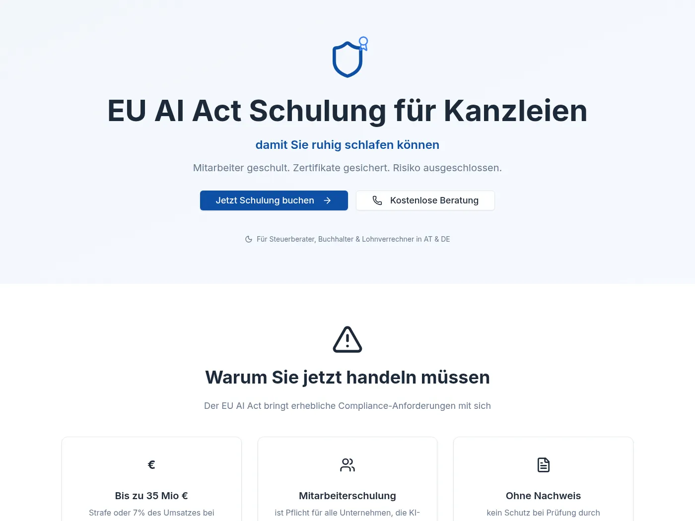 Vertrauenswürdige Landingpage für EU AI Act Schulung für Kanzleien