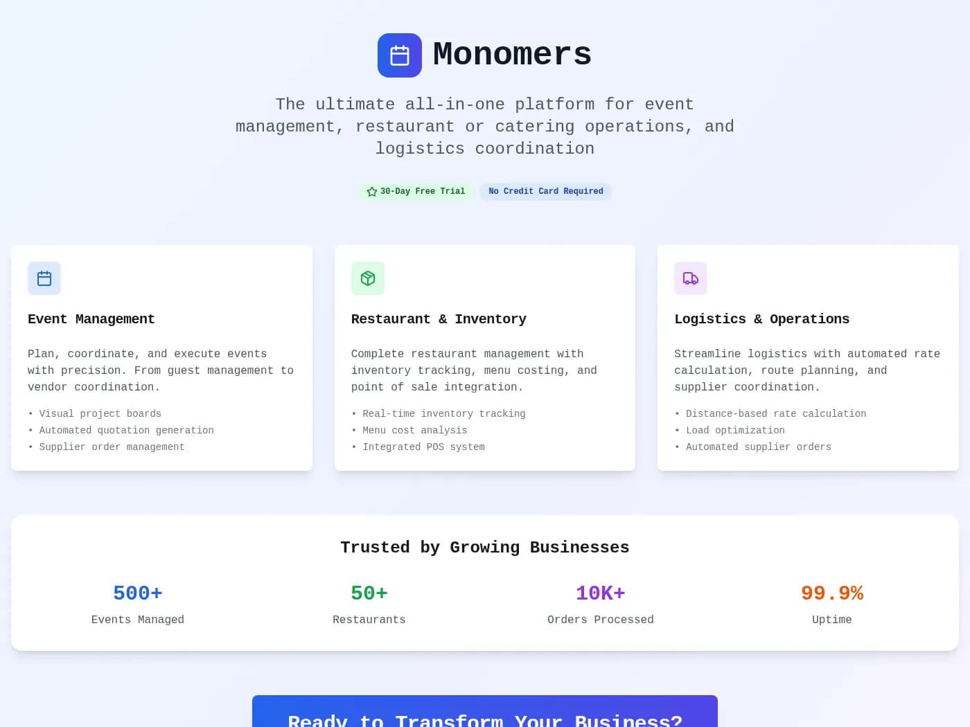 All-in-One Event, Restaurant/Catering, and Logistics Management Platform
