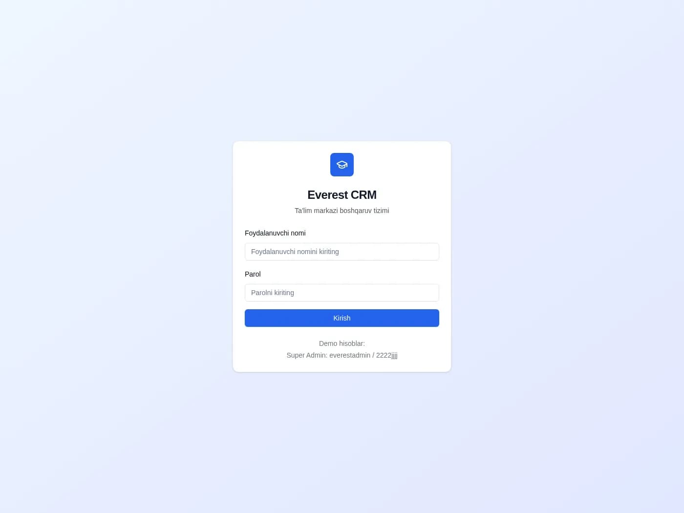 Everest CRM – Ta'lim Markazi uchun Professional Web Ilova