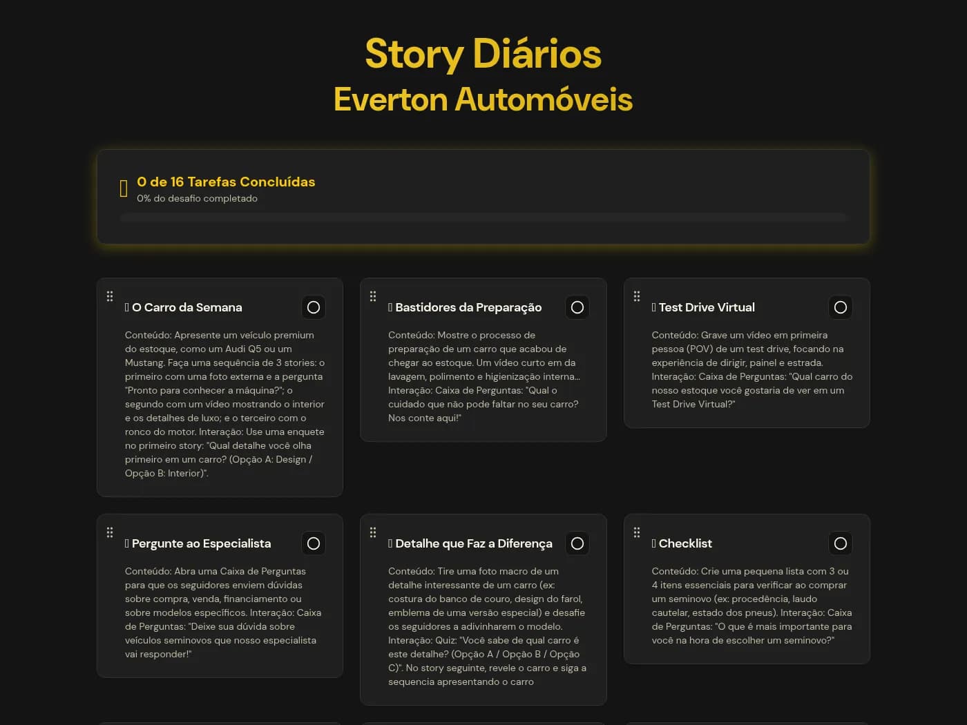Everton Automóveis Stories & Checklist Web App