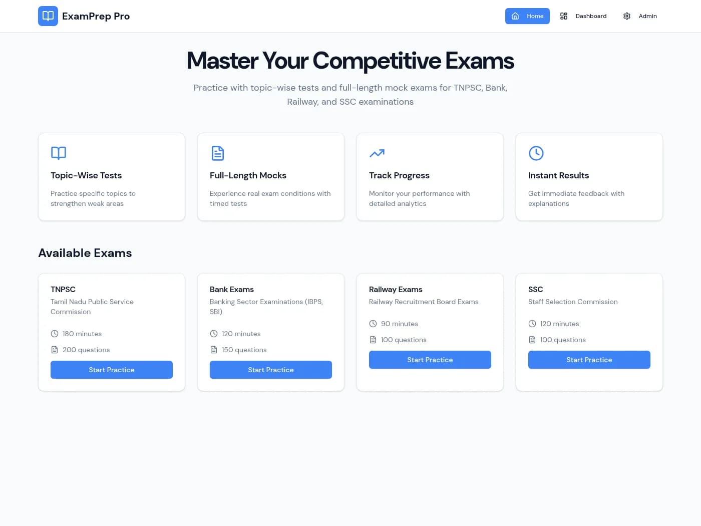 Exam Mock Test Practice Platform for TNPSC, Bank, Railway, and SSC