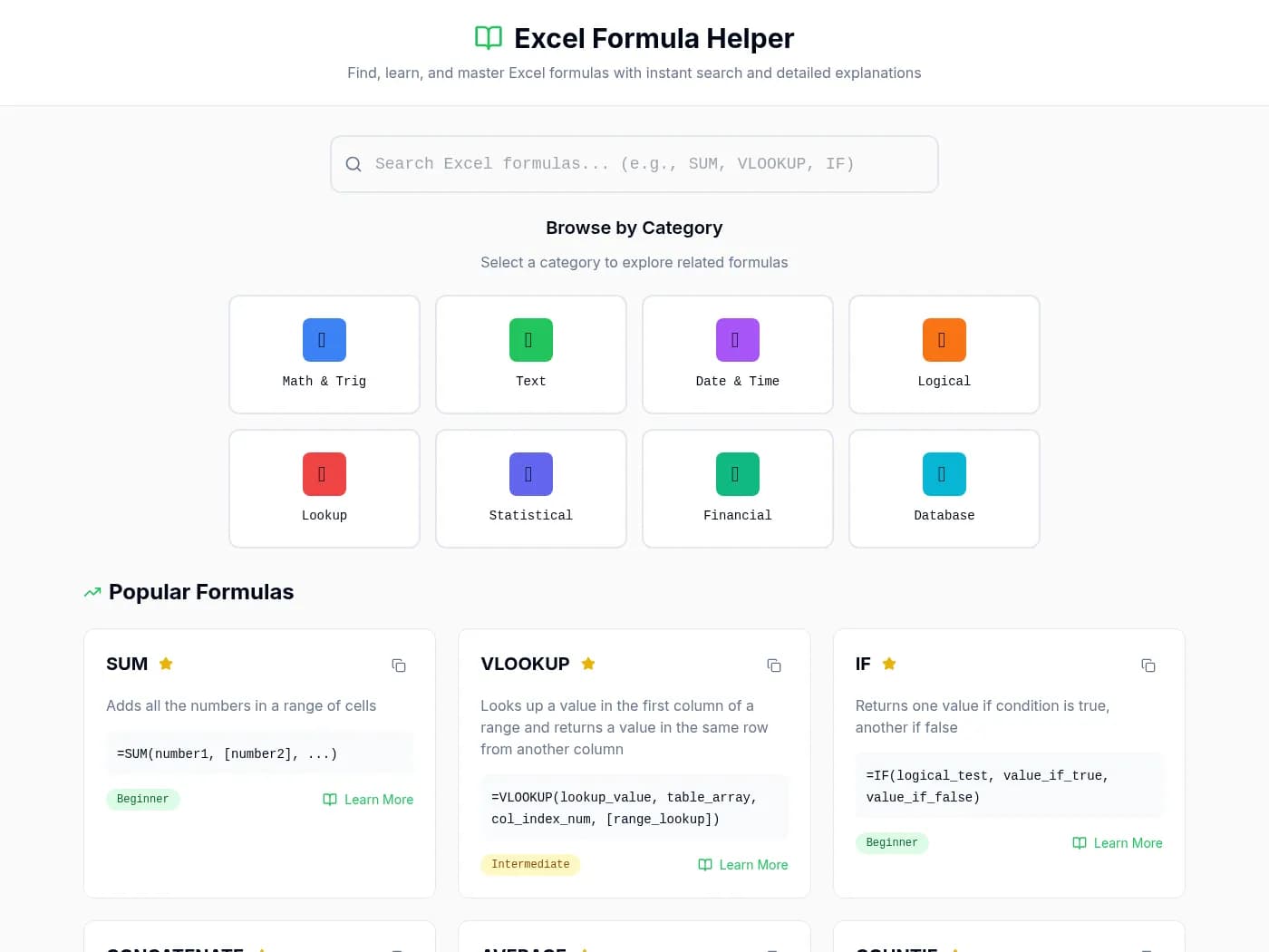 Excel Formula Helper App