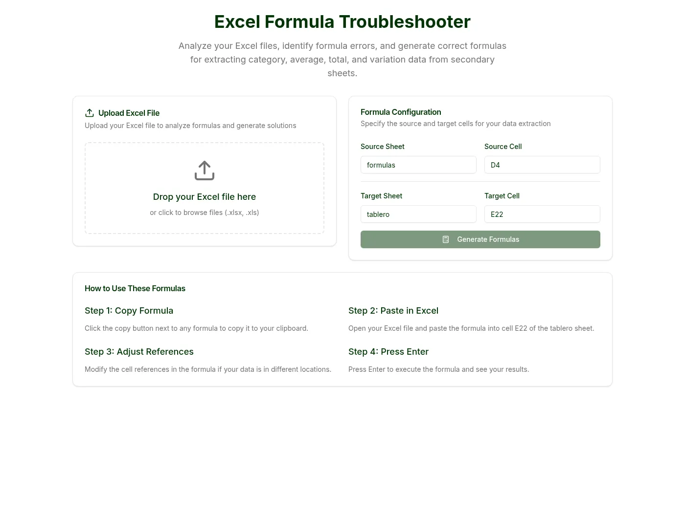 Excel Formula Troubleshooter and Data Extractor for Tablero Sheet