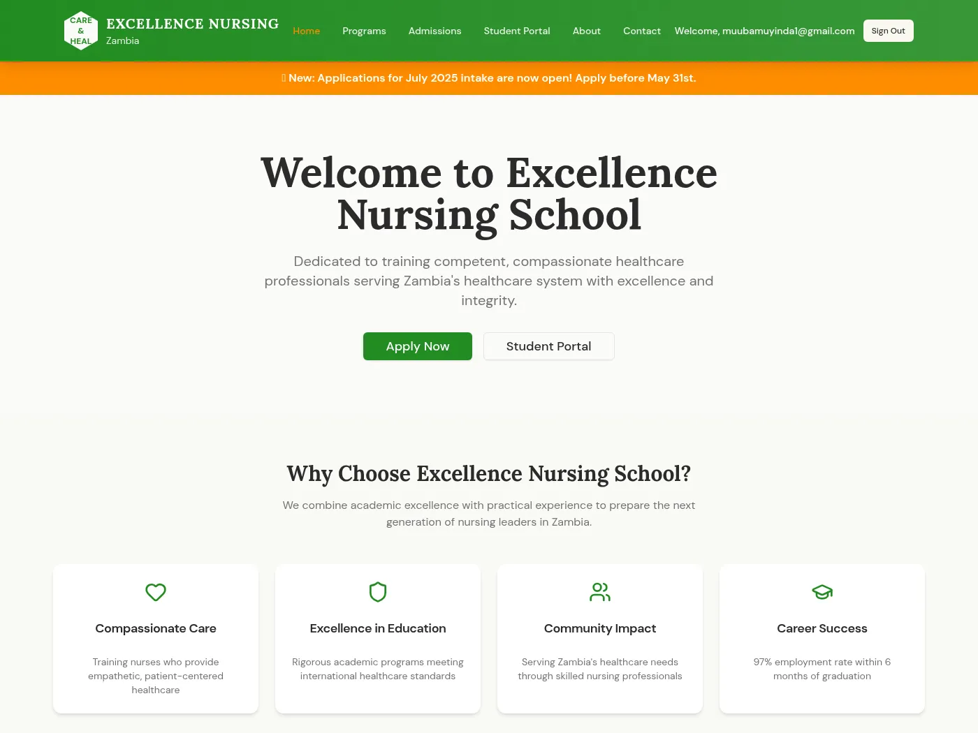 Excellence Nursing School Zambia Web Portal