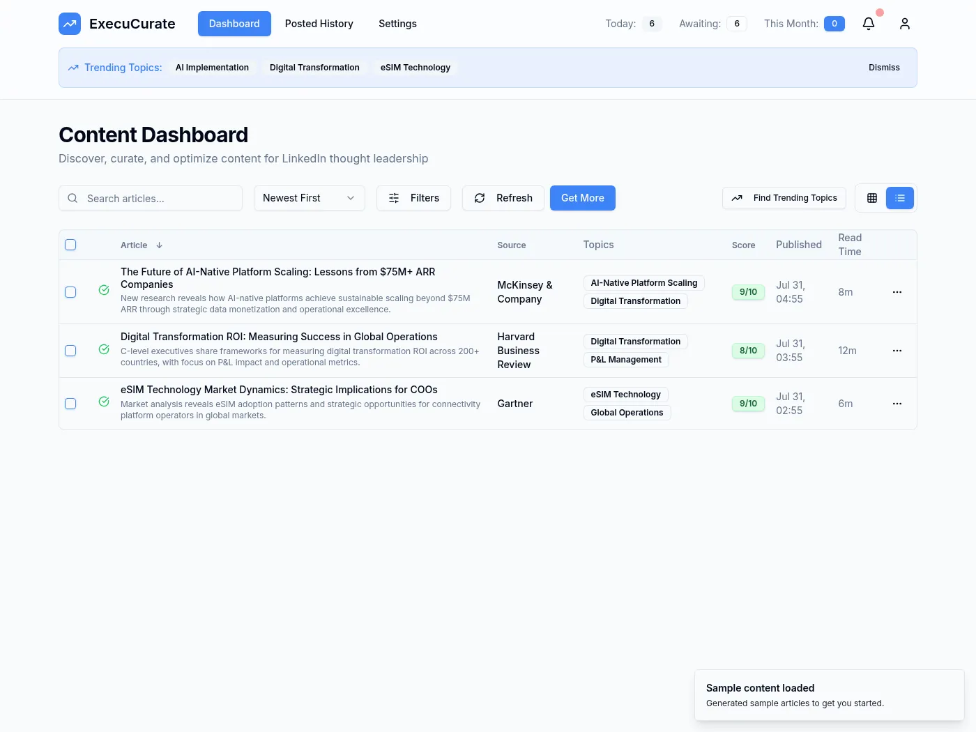 ExecuCurate: AI-Powered Content Curation & LinkedIn Thought Leadership Platform for CDO/COOs