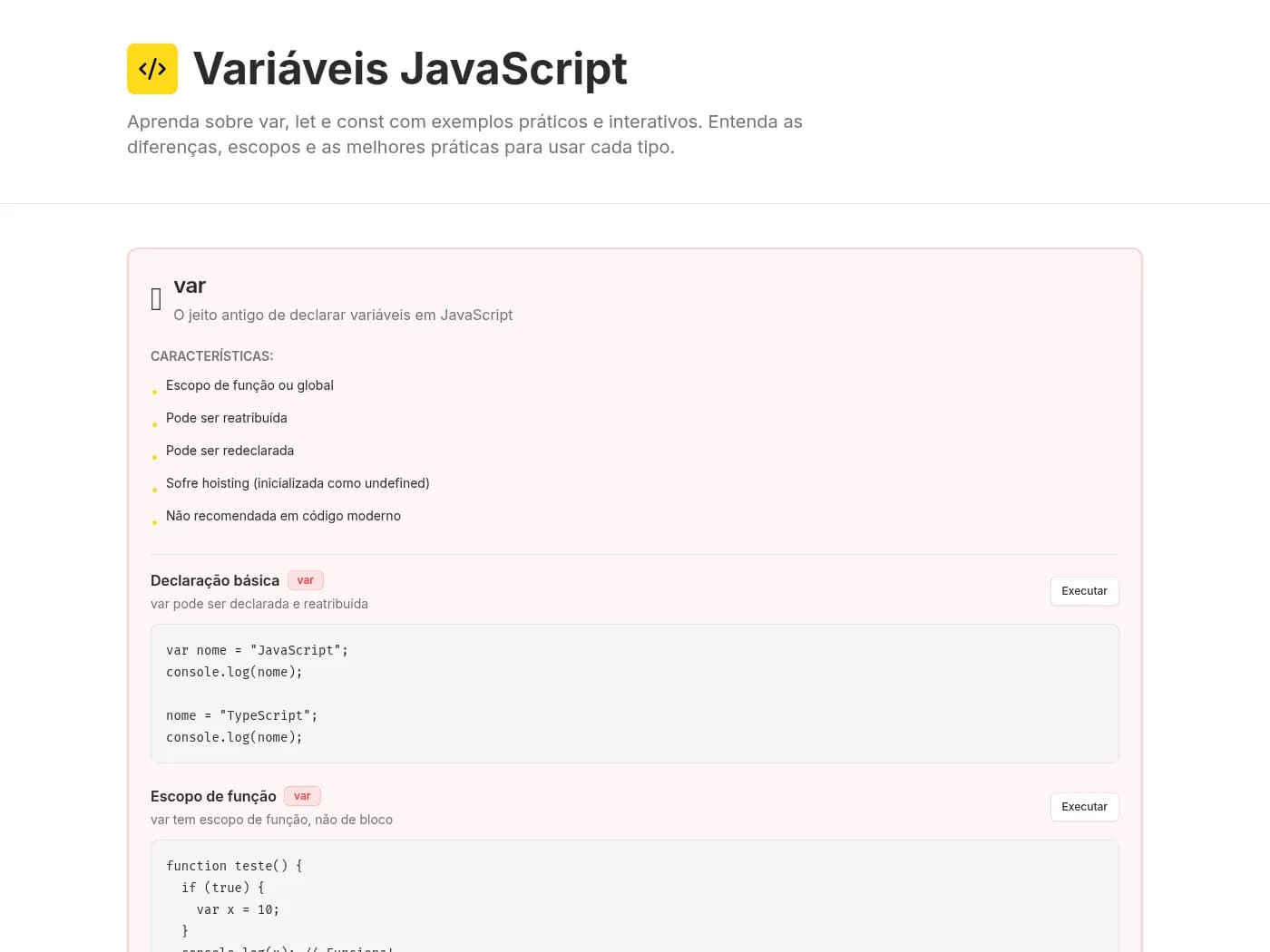 Página de Exemplos de Variáveis JavaScript
