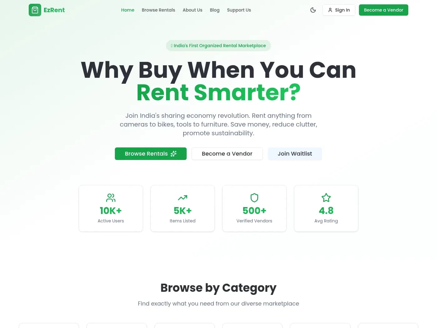 EzRent Startup Website & MVP Rental Platform