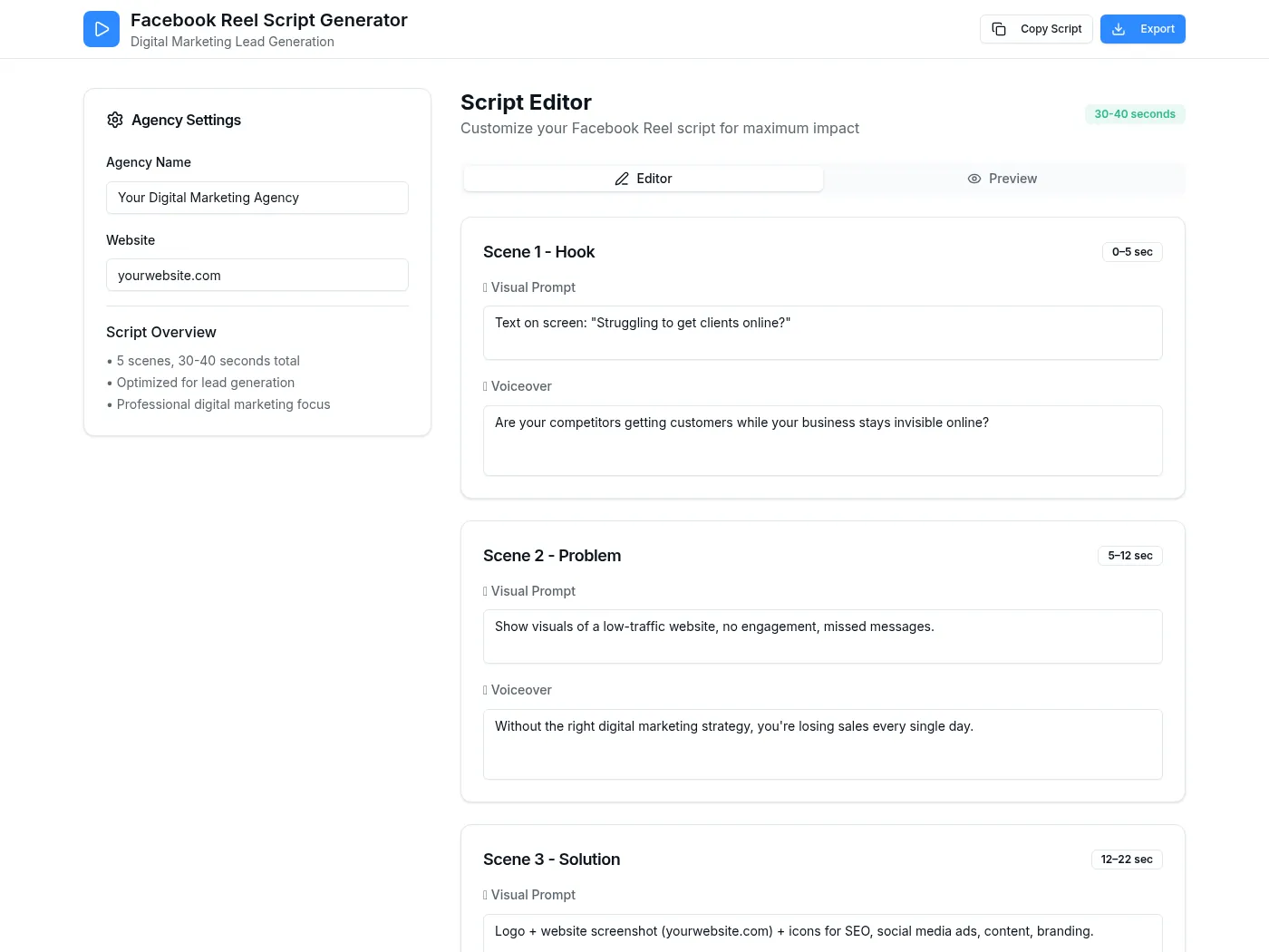 Facebook Reel Script Generator for Digital Marketing Agencies