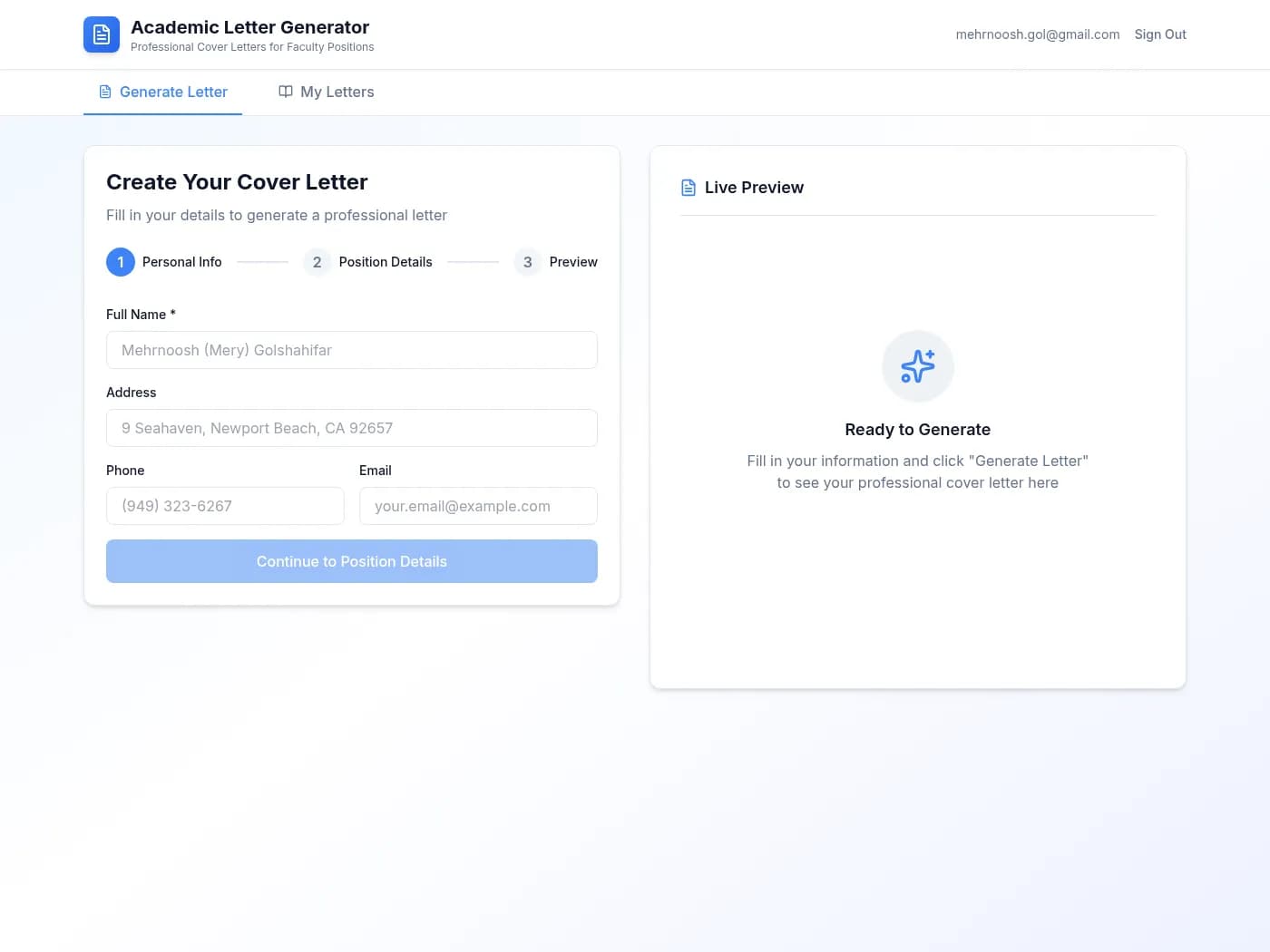 Academic Faculty Application Letter Generator